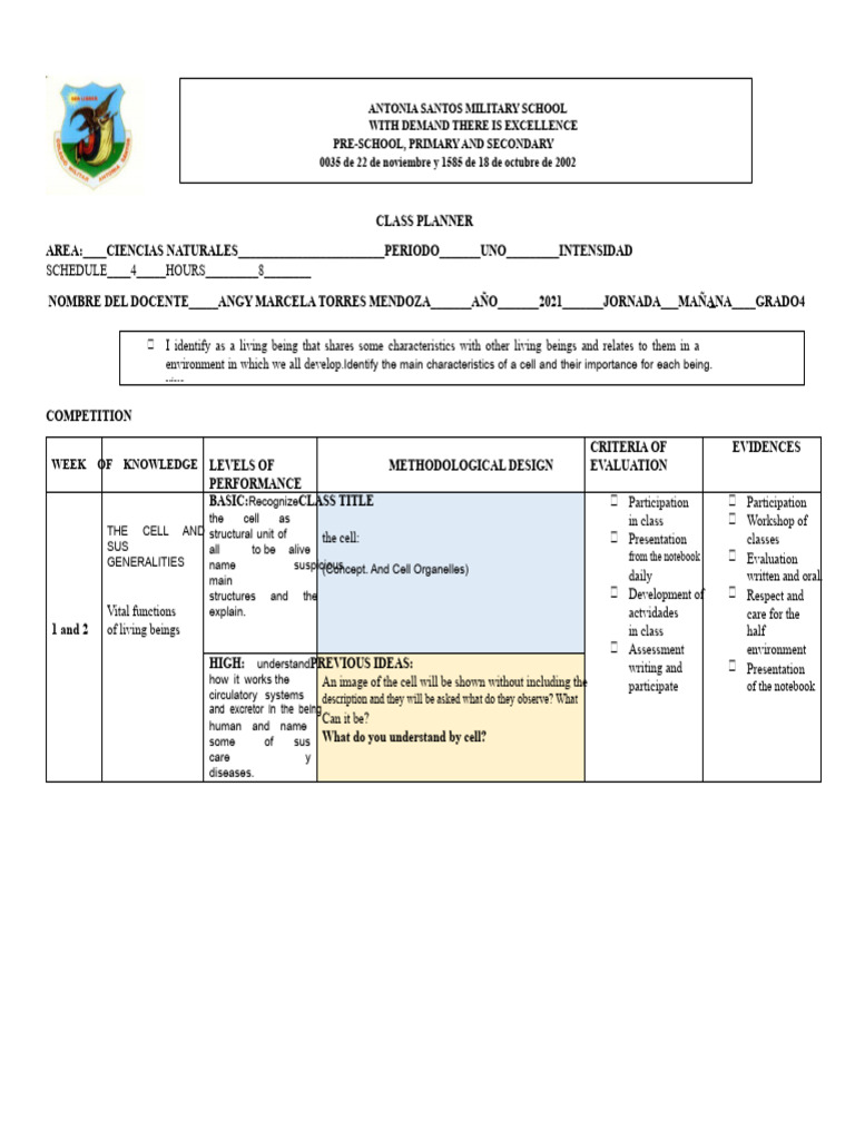Class Plan Grade Four SM 1 and SM 2 | PDF | Cell (Biology) | Biology