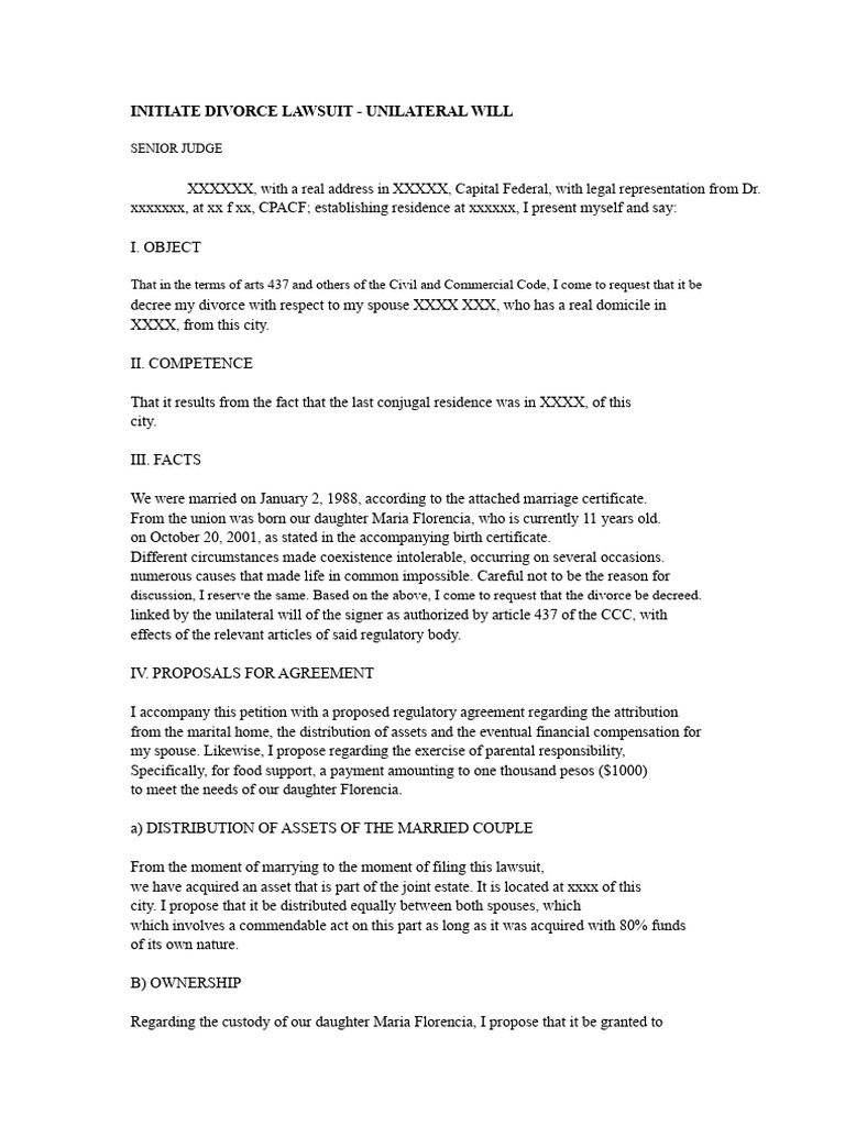 Model Initiates Demand For Divorce - Unilateral Will and Response | PDF ...