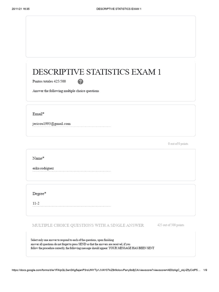 DESCRIPTIVE STATISTICS EXAM 1 | PDF | Statistics | Probability Distribution
