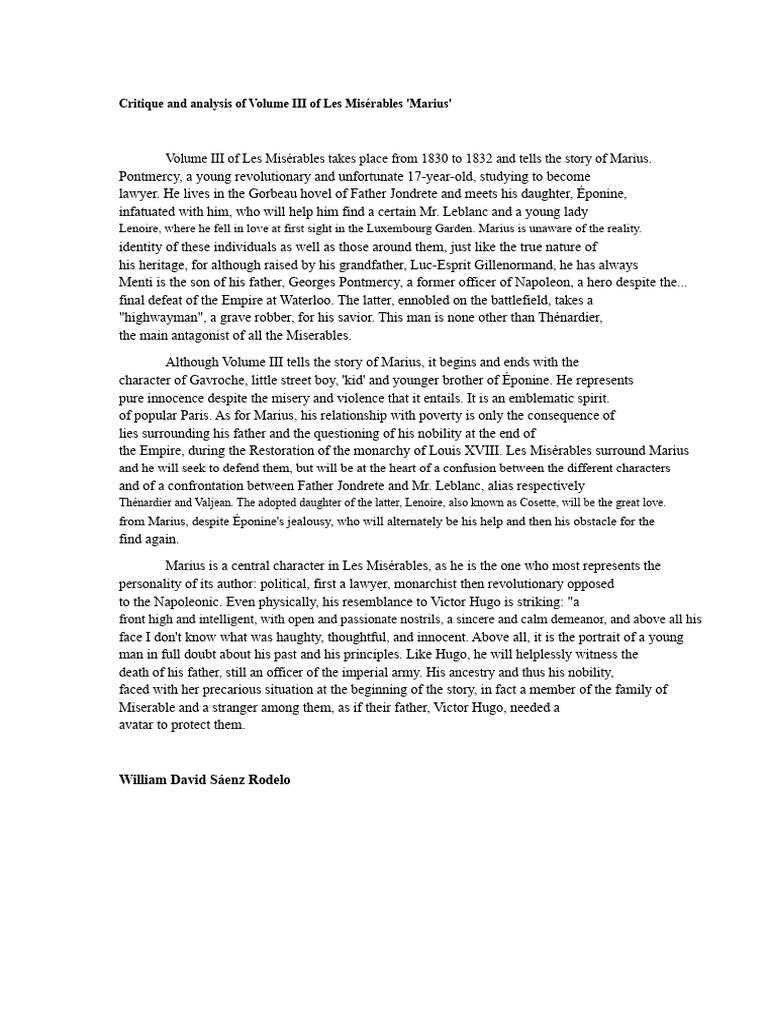 Analysis of Marius in Les Misérables | PDF | Les Misérables | Marius ...