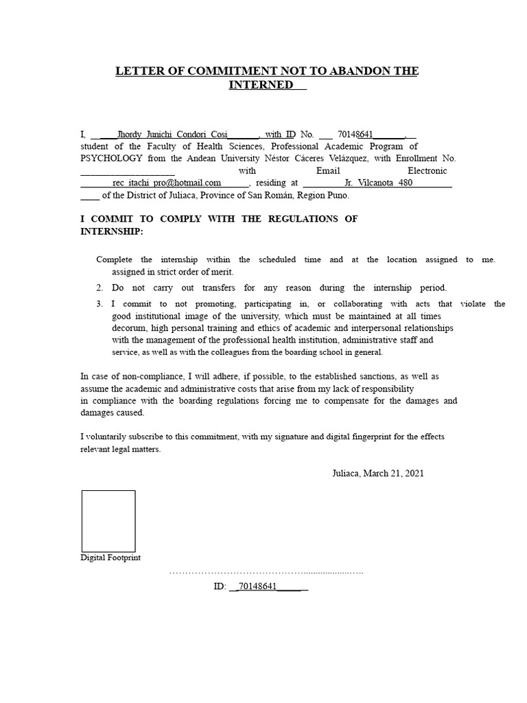 Requirement 5 - Commitment Letter from the Student Not to Abandon the ...
