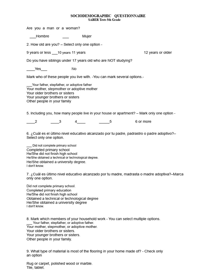 5th Grade Sociodemographic Survey | PDF