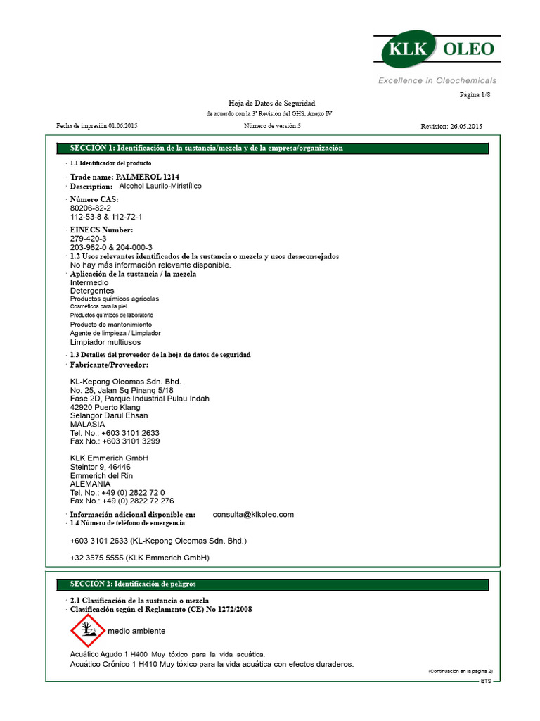 Alcohol laurílico-miristílico estándar Sds-palmerol 1214 (05) (1) | PDF ...