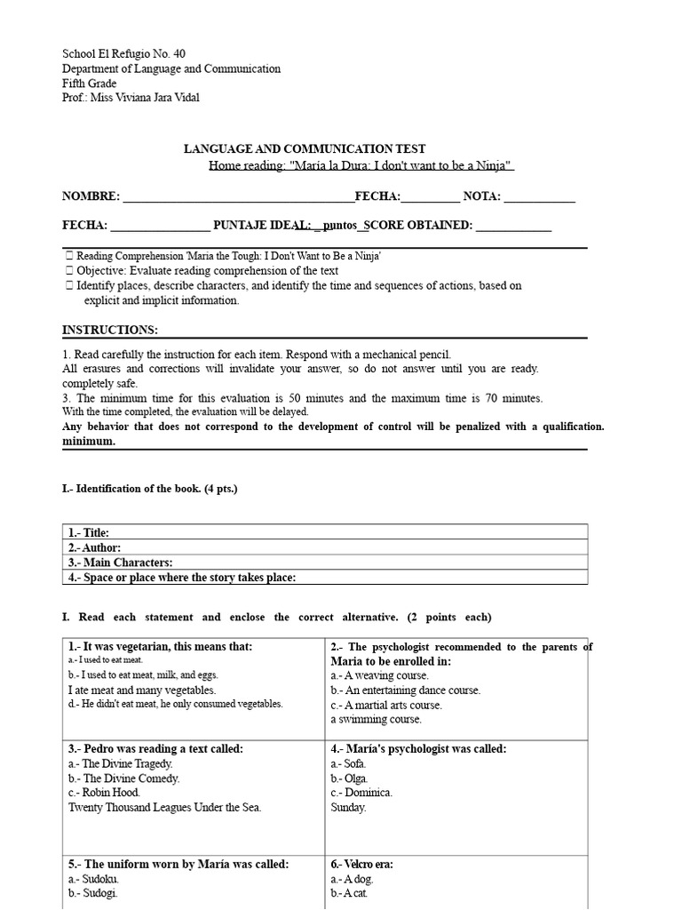 Test Maria La Dura 5th Grade | PDF
