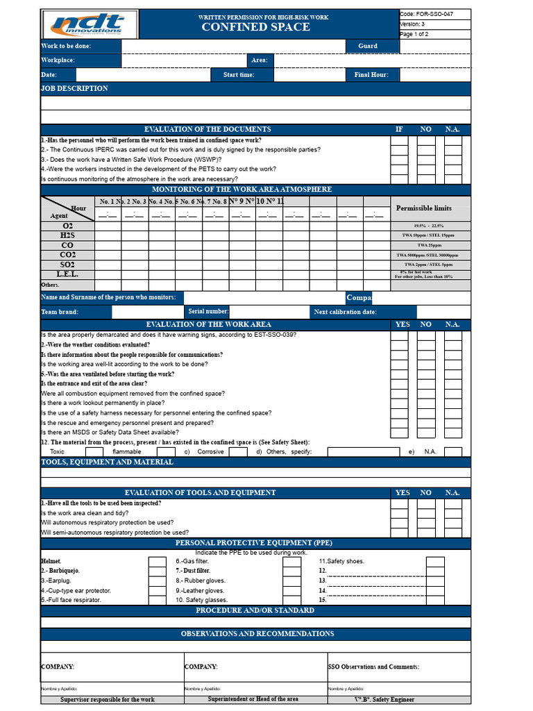 Confined Space High-Risk Work Permit | PDF | Personal Protective ...