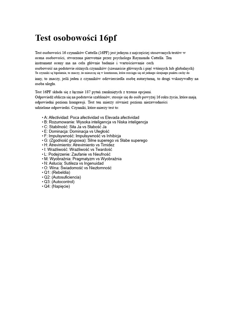 Test osobowości 16pf | PDF