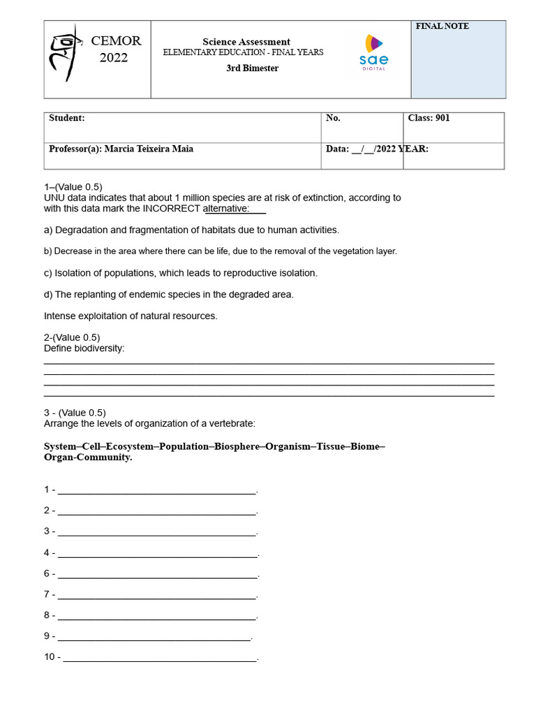 Assessment 3rd Quarter 9th Grade | PDF | Oxide | Biodiversity