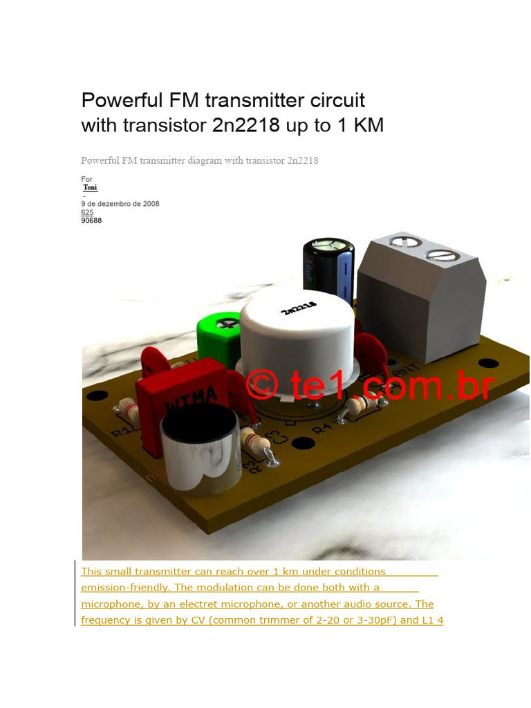 Powerful FM Transmitter Circuit With 2n2218 Transistor Up To 1 KM | PDF ...