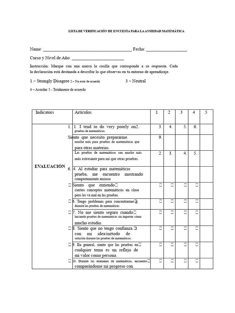 Lista de Verificación de Encuesta Sobre La Ansiedad Matemática | PDF ...