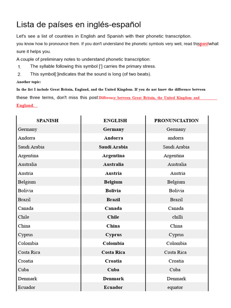 Countries List in English and Spanish | PDF | Spanish Language ...