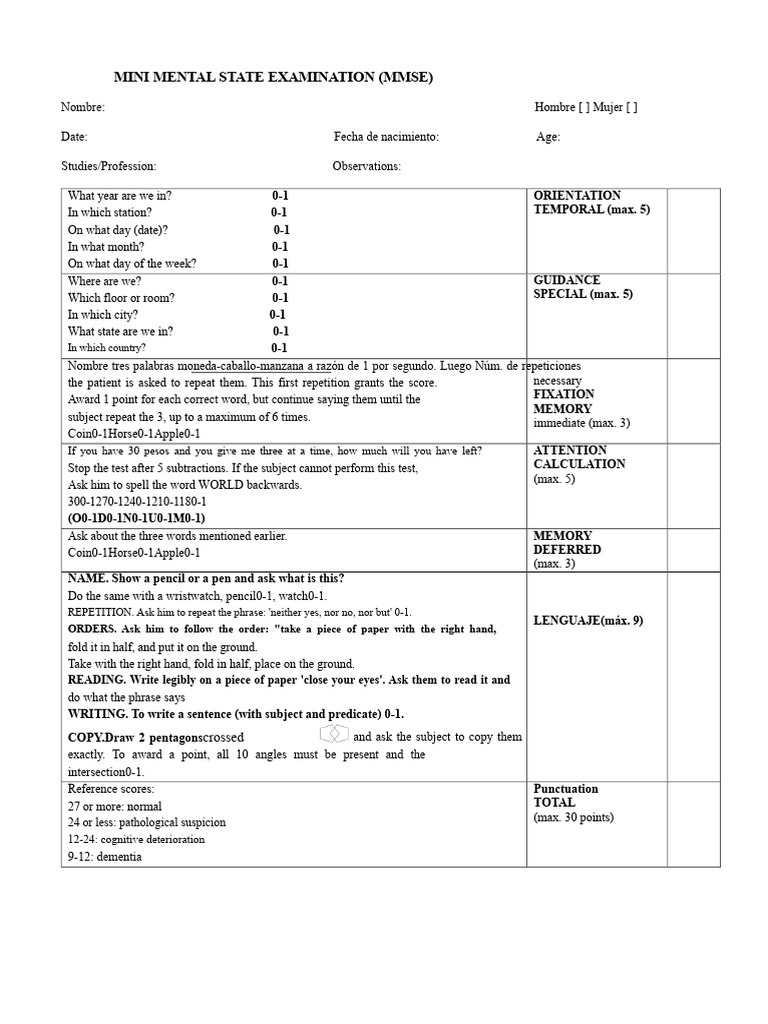 Mini Mental State Examination (Mmse) | PDF | Behavioural Sciences ...