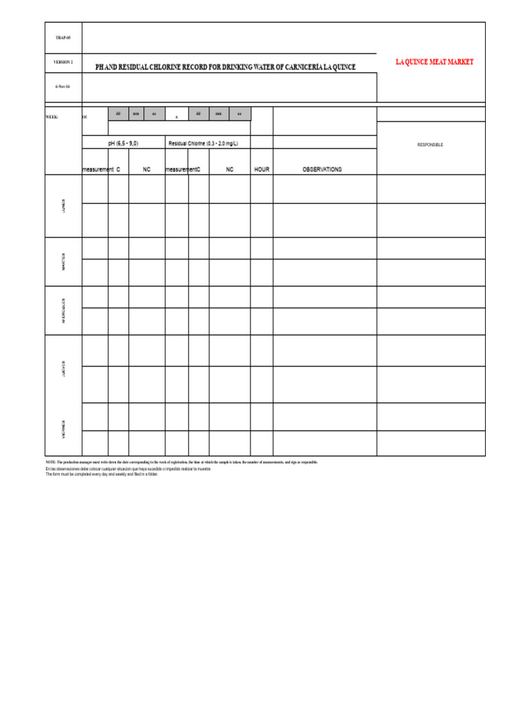 POTABLE WATER RECORD PH RESIDUAL CHLORINE | PDF
