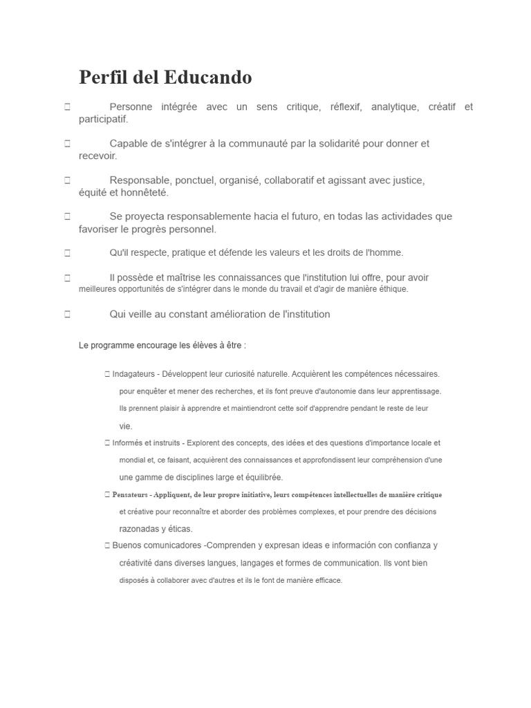 Profil de l'Éducando : Valeurs et Compétences | PDF | Apprentissage ...