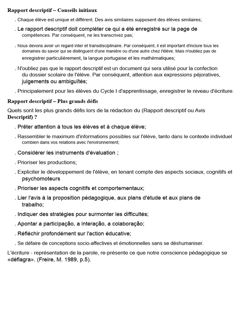 Rapport descriptif : Guide et conseils | PDF | Apprentissage | Pédagogie