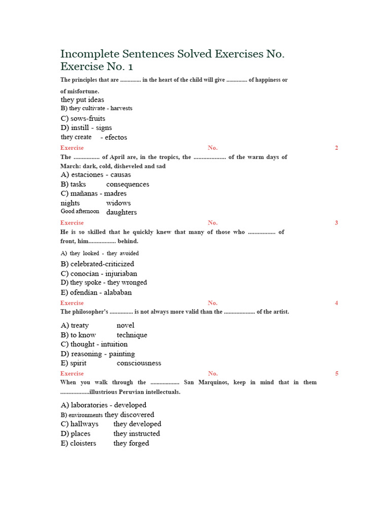 Incomplete Sentences Resolved Exercises No. 1 Exercise No. 1 | PDF ...