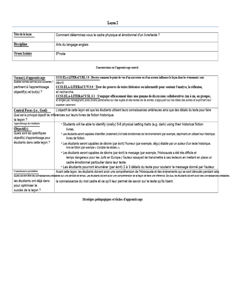 Plan de Leçon de Langue Anglaise 5e Année - 2 | PDF | Apprentissage ...