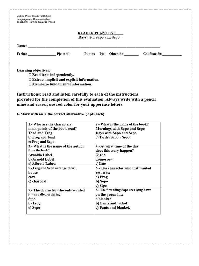Test of Toad and Sep | PDF | Cognition | Learning