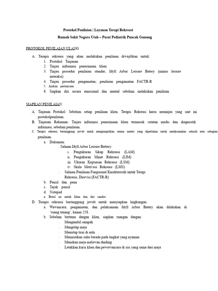 Protokol Penilaian Terapi Rekreasi | PDF