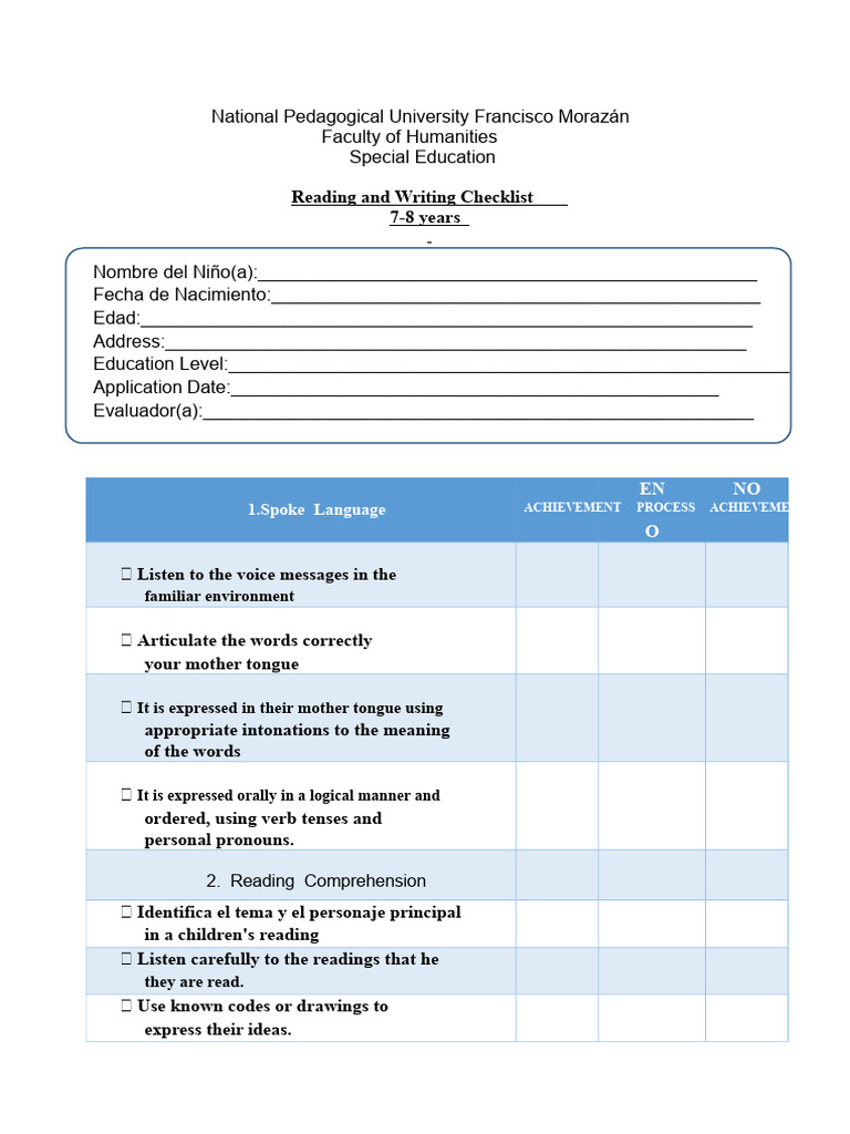 Checklist For Reading and Writing | PDF | Word | Literacy