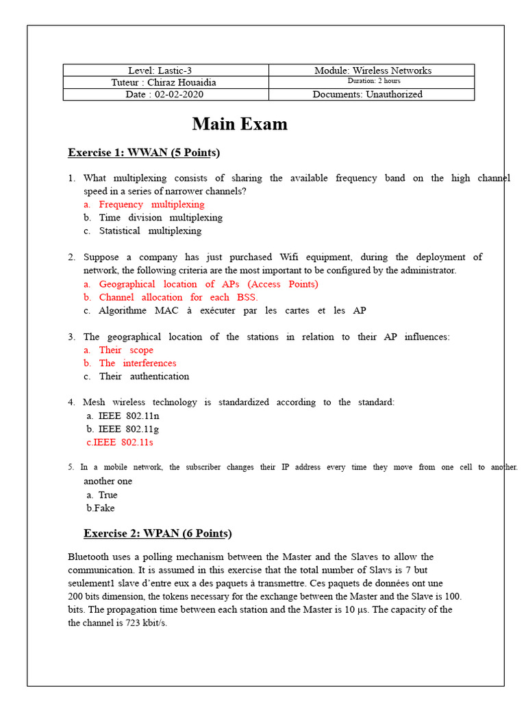 Correction EXAM RSF 2020 | PDF | Ieee 802.11 | Computer Network
