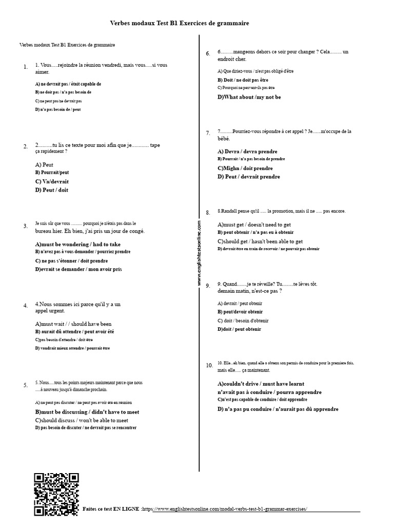488 - Test Des Verbaux Modaux B1 Exercices de Grammaire | PDF | Verbe