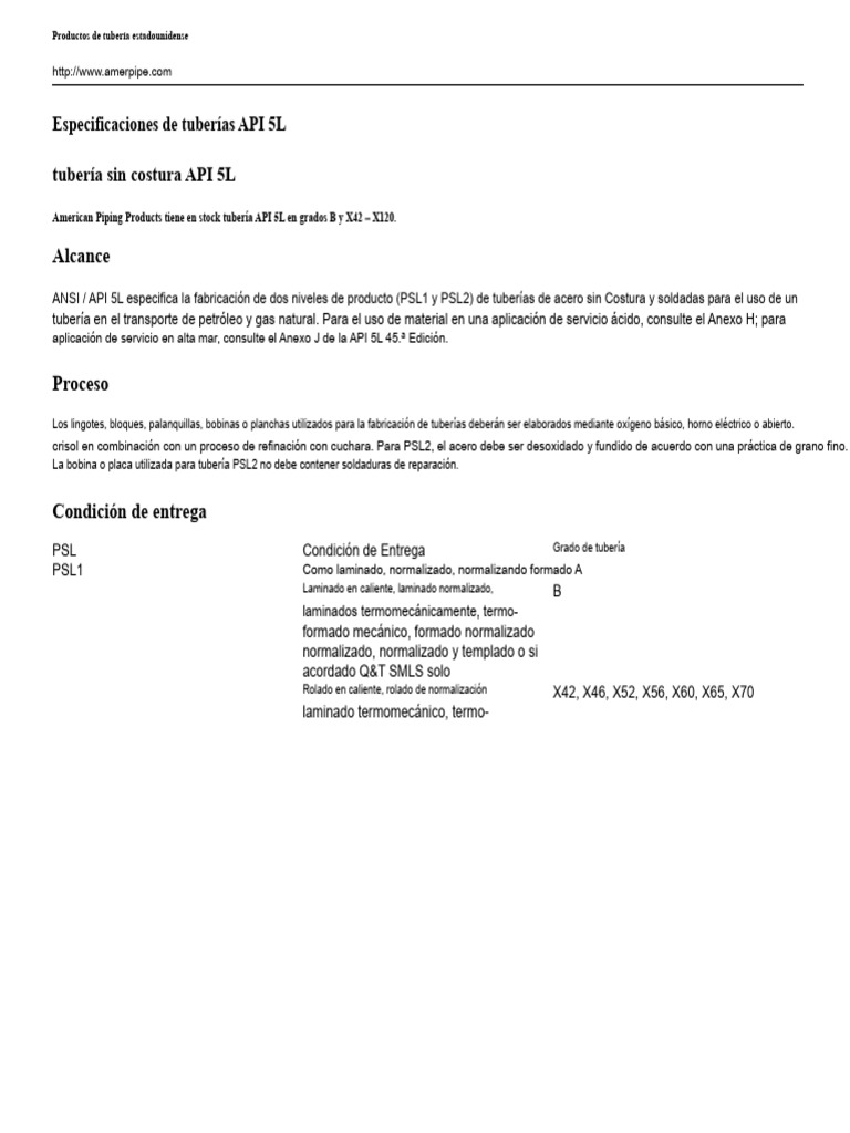 Tuberías API 5L: Especificaciones y Grados | PDF | Tubería (transporte ...