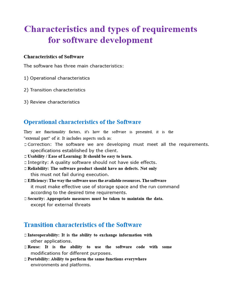 Characteristics and Types of Requirements for Software Development | PDF | Software ...