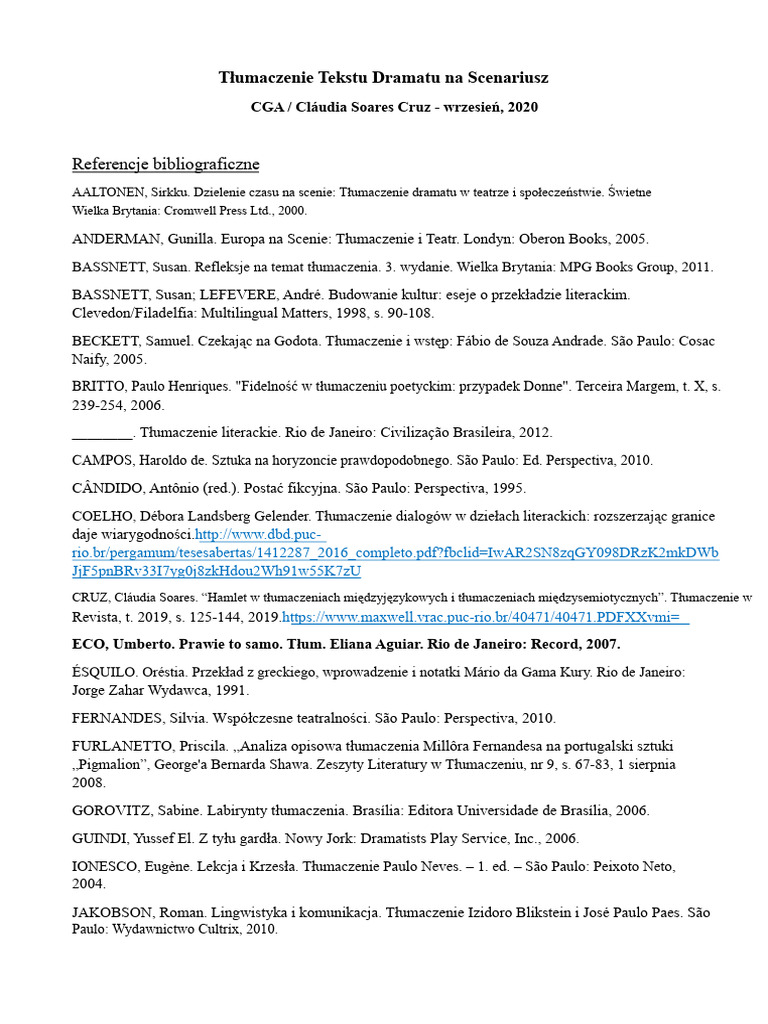 Bibliografia - Tłumaczenie Tekstu Dramatycznego | PDF