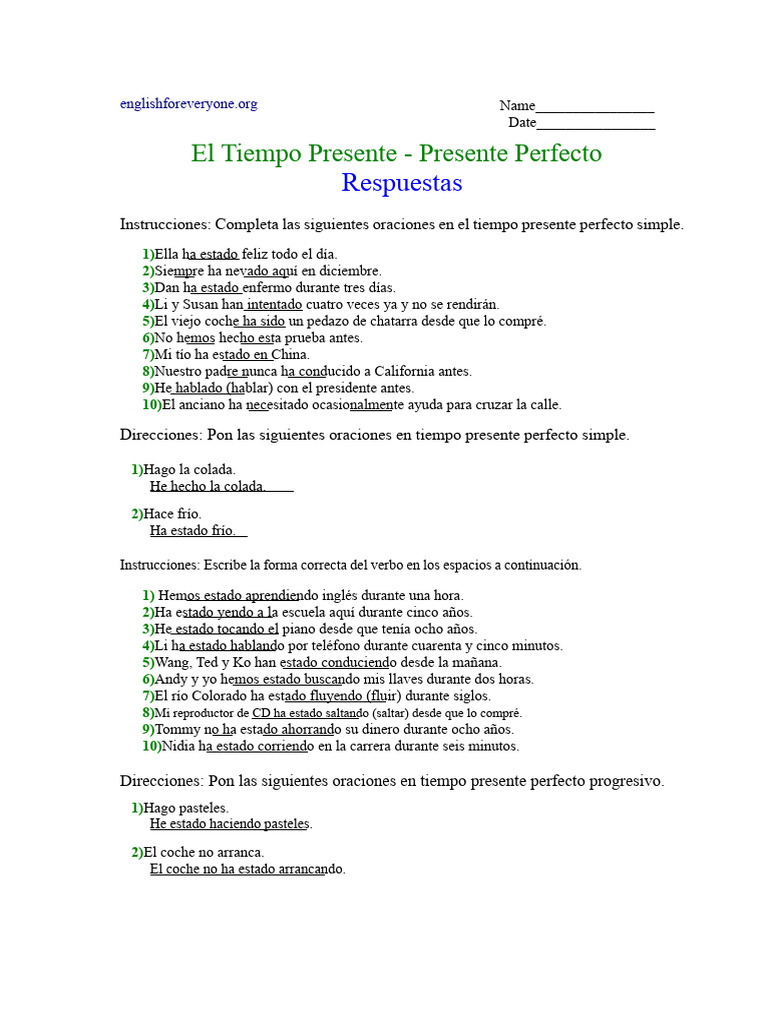 Tiempo Perfecto Compuesto - Respuestas | PDF