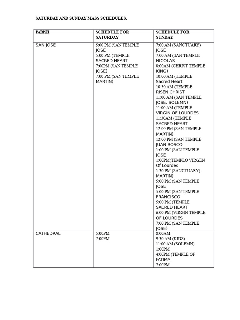 Mass Schedule | PDF | Catholic Liturgy | Catholic Church