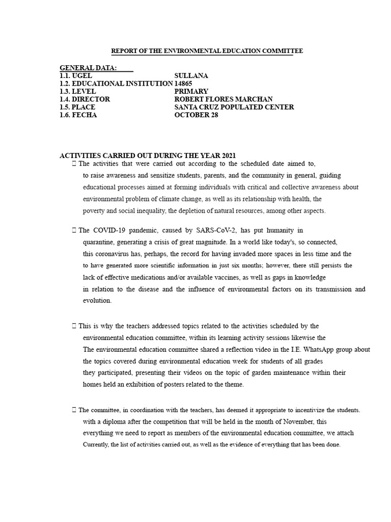 REPORT ON ACTIVITIES CARRIED OUT BY THE ENVIRONMENTAL EDUCATION ...