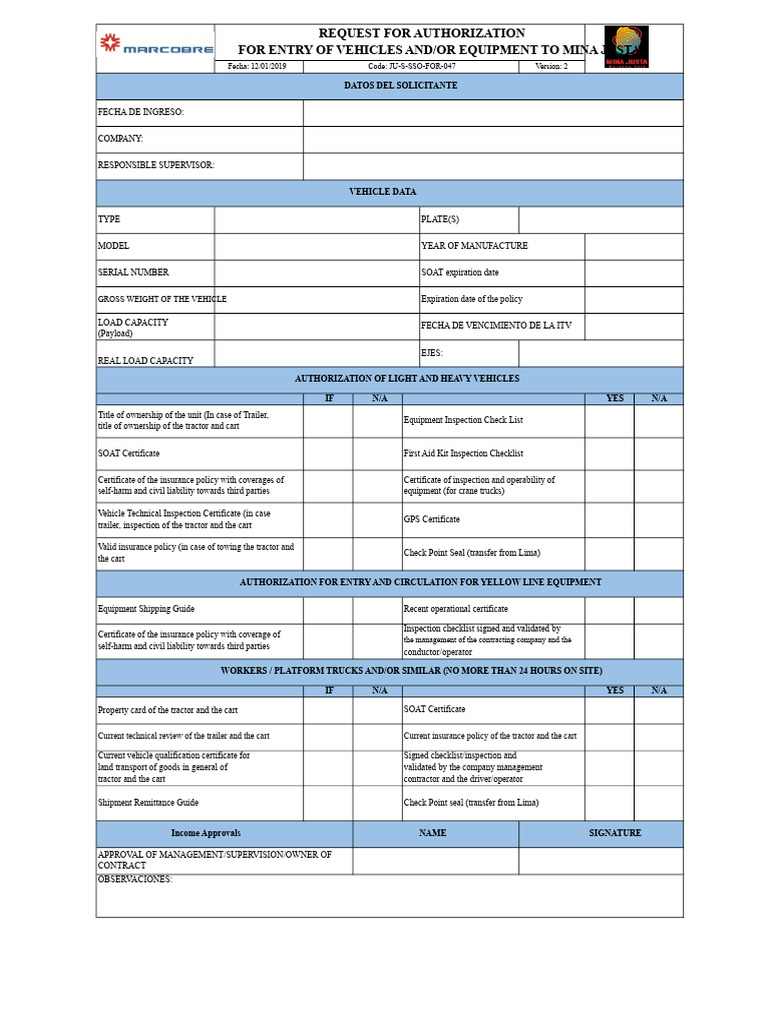 Request for Authorization for Entry of Vehicles or Equipment JU-S-SSO-FOR-047 | PDF | Insurance ...