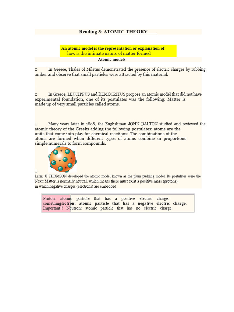 Reading 7° ATOMIC THEORIES | PDF | Atoms | Atomic Nucleus