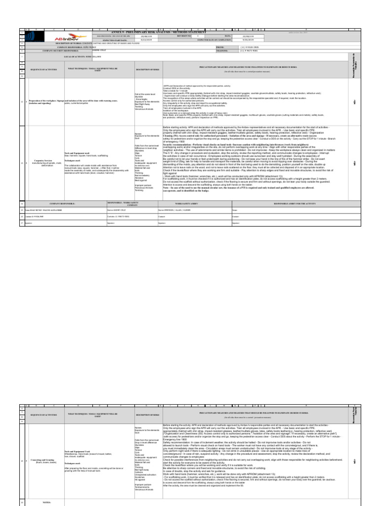 Risk Analysis and Method Statement - Grouting Cellars | PDF | Personal Protective Equipment