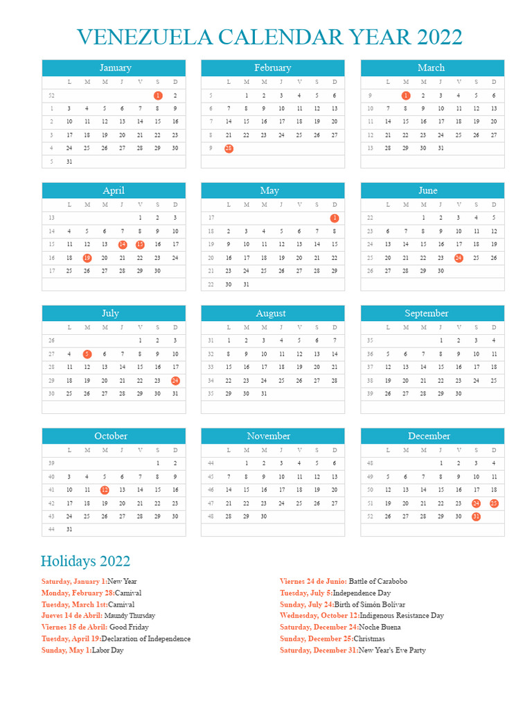Venezuela Calendar 2022 | PDF | Observances