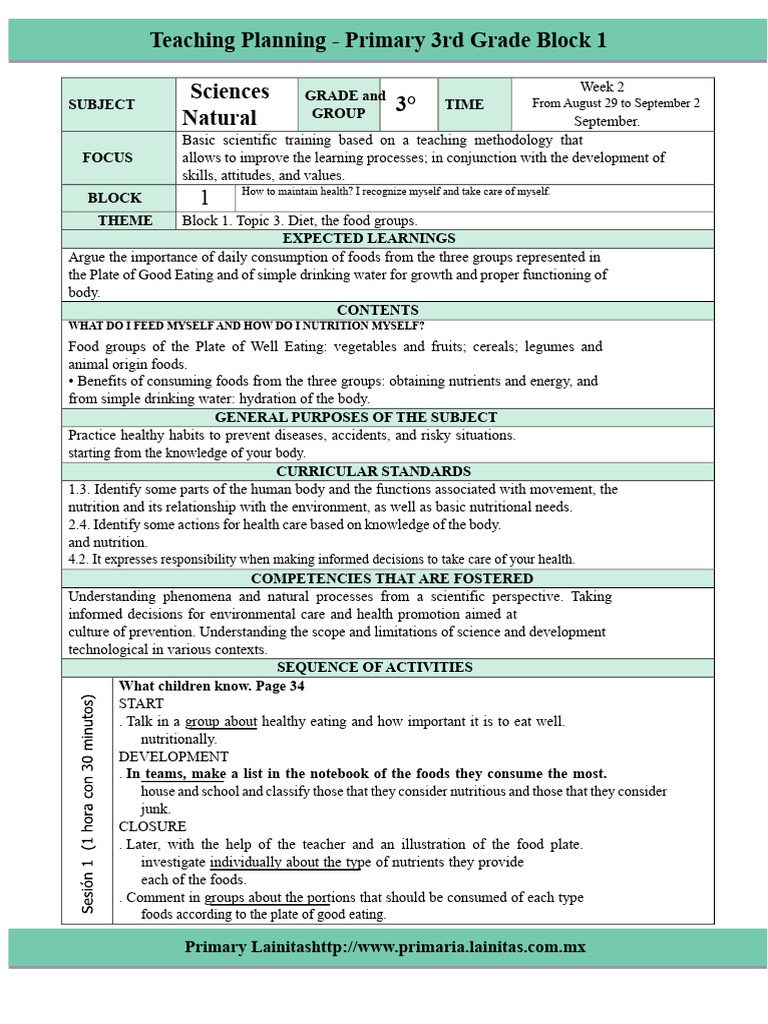 3rd Grade Plan - Block 1 Natural Sciences | PDF | Violence | Foods