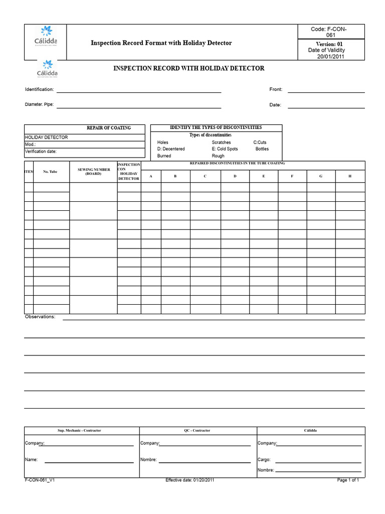 -Inspection Registration Form with Holiday Detector.docx | PDF