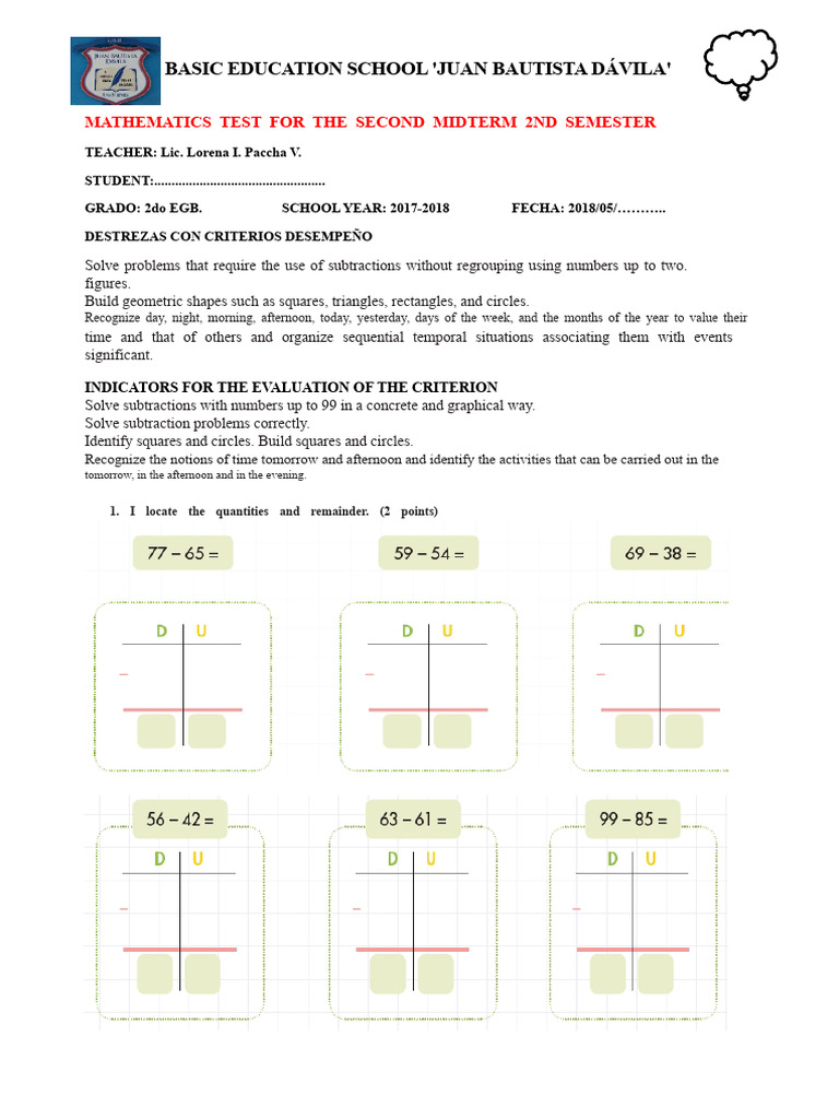 Mathematics Test 2ND Grade Egb Corresponding To The First Partial 2ND ...