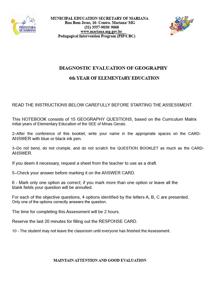 Diagnostic Assessment 6th Grade - Geography | PDF | Map | Solar System