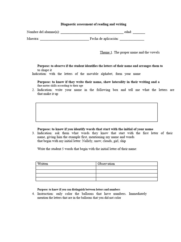 Reading and Writing Diagnostic Assessment | PDF | Alphabet | Literacy
