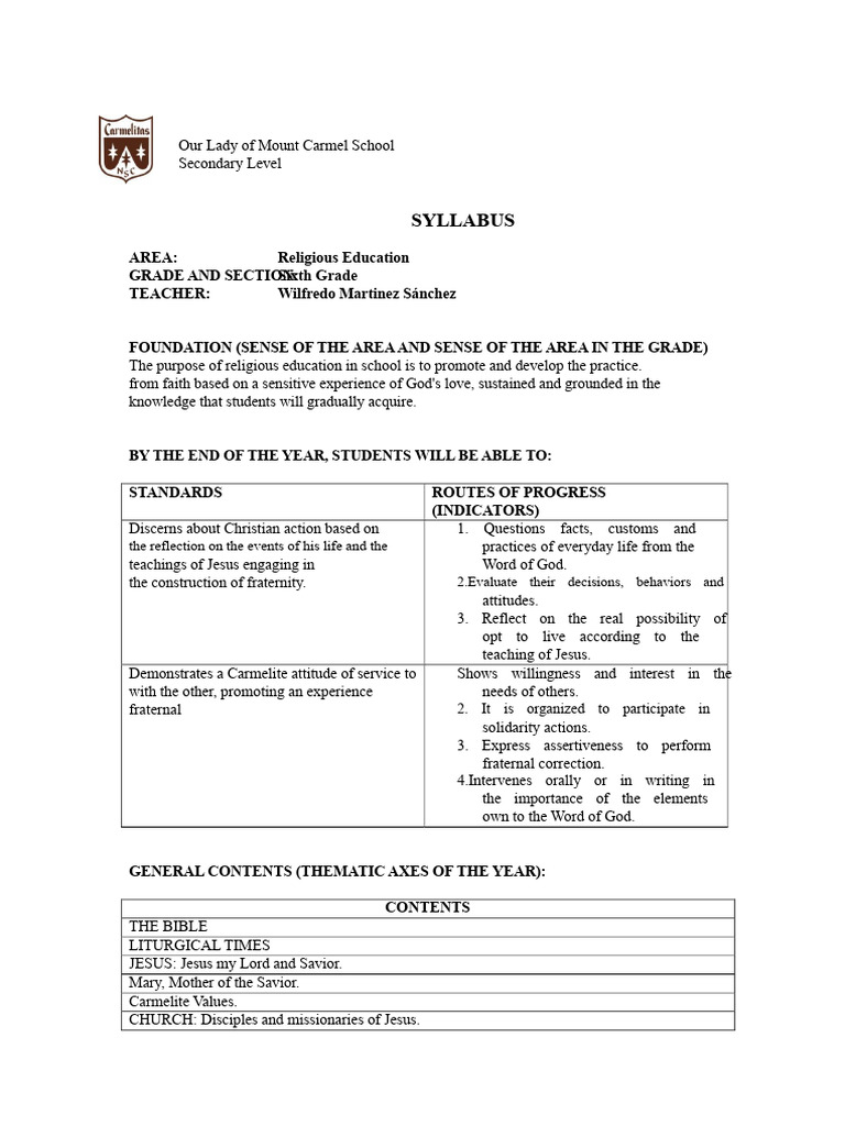 Sixth Grade Syllabus | PDF | Bible | Jesus