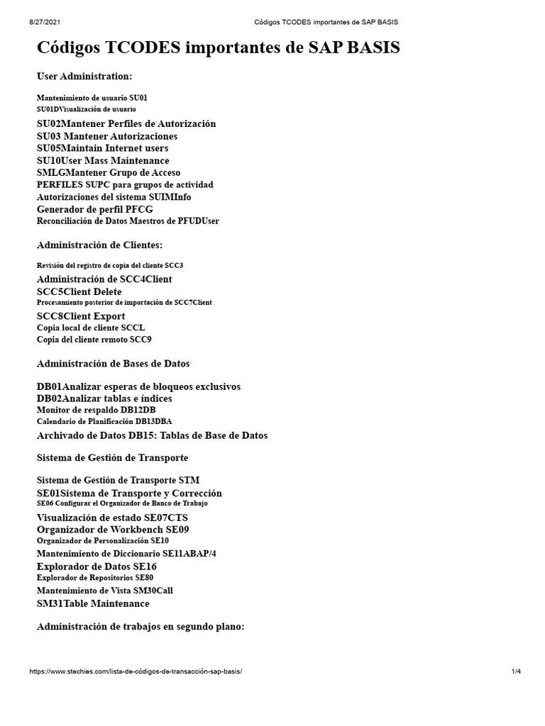 Códigos TCODES Clave de SAP BASIS | PDF | Sistema operativo ...