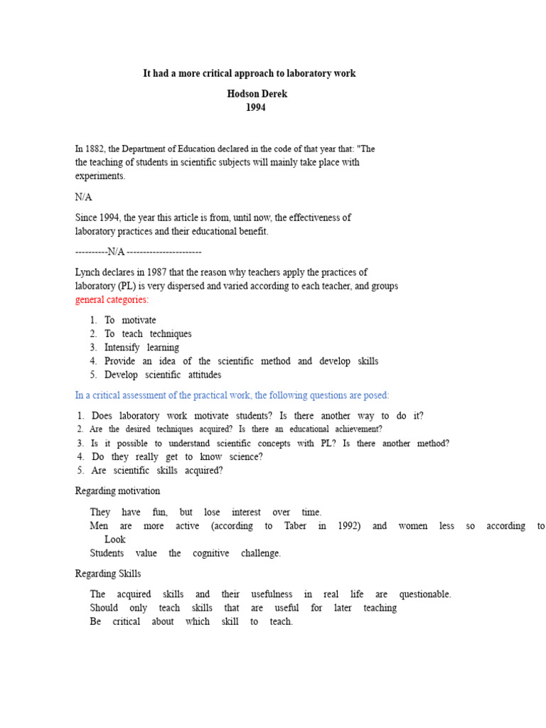 SUMMARY 1994. Hodson. It Took A More Critical Approach To Laboratory ...