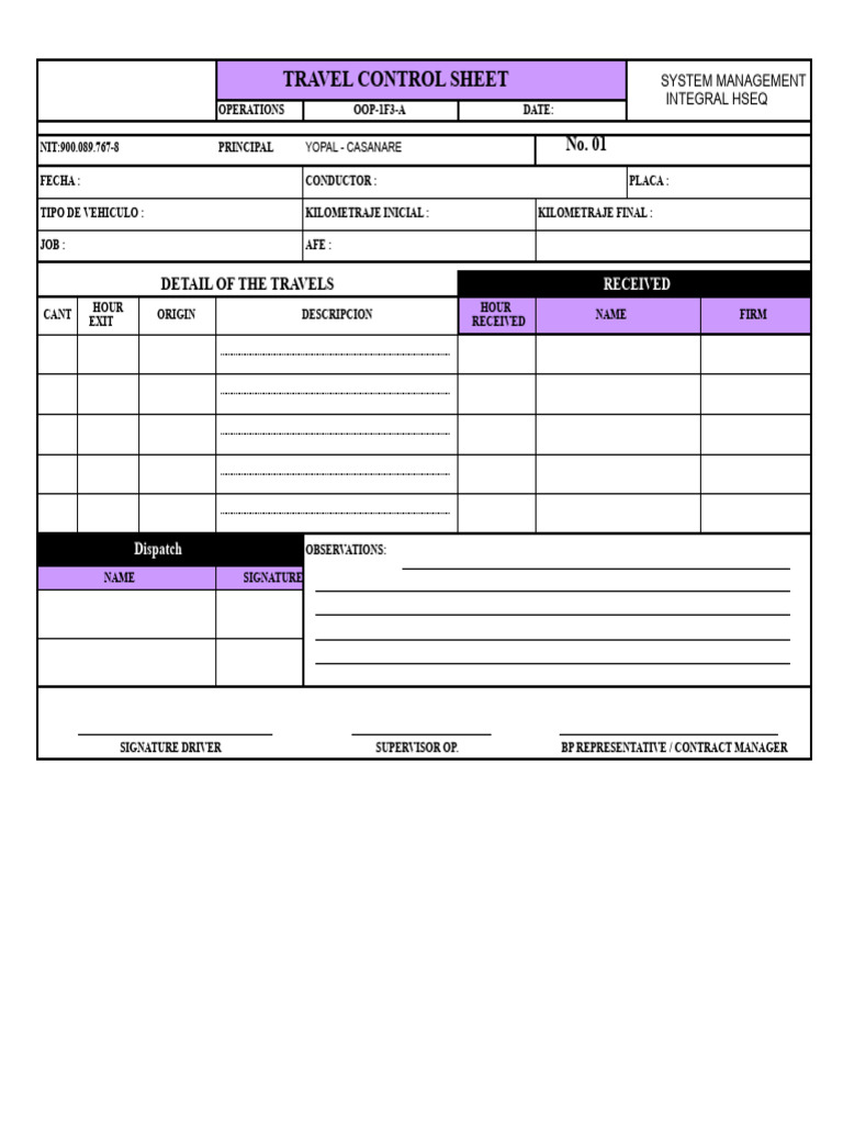 13.travel Control Sheet Format | PDF | Transport | Land Transport