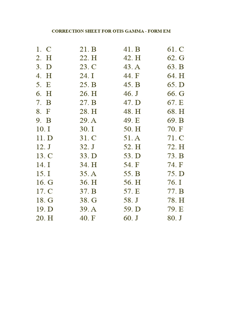 Answer Sheet For Otis Gamma | PDF | Intelligence