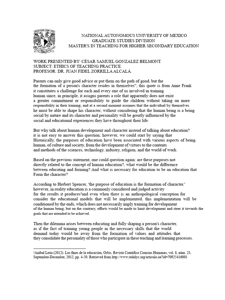 Essay On Character Formation | PDF | Value (Ethics) | Emotions