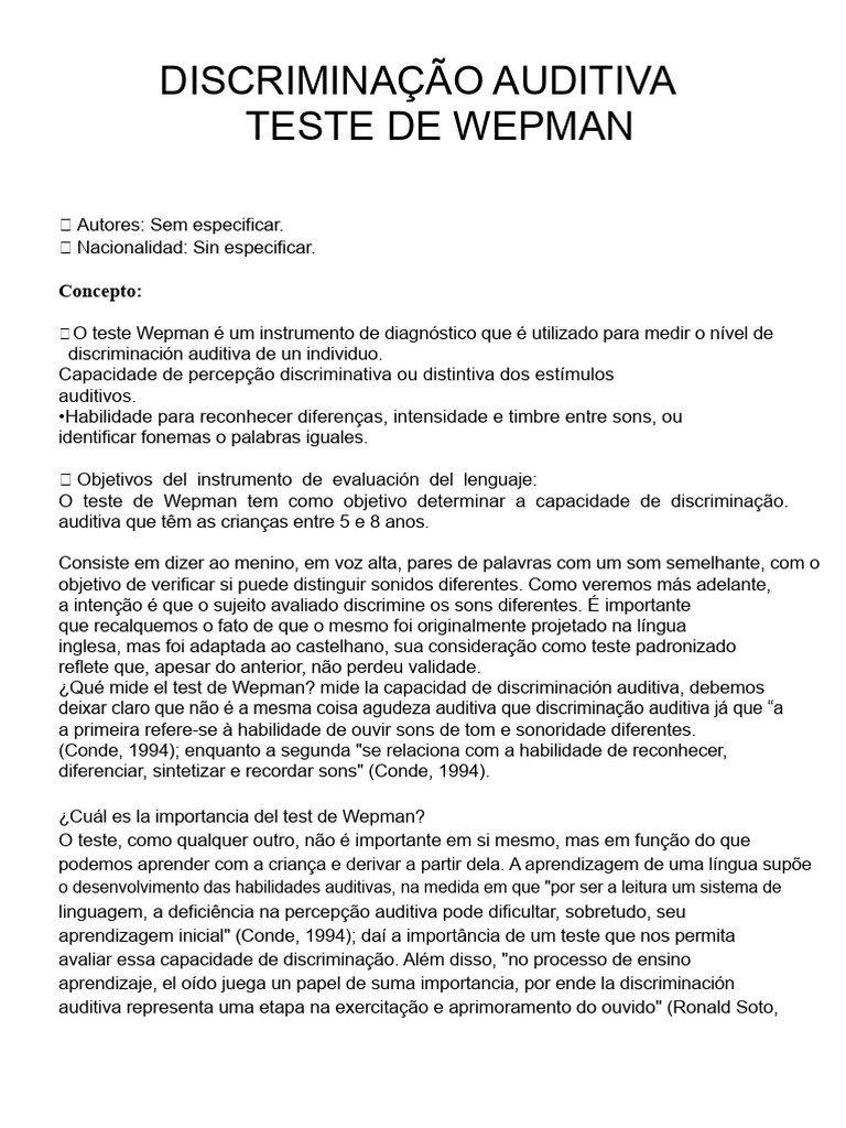 Teste de Wepman: Discriminação Auditiva | PDF | Audição | Aprendizado