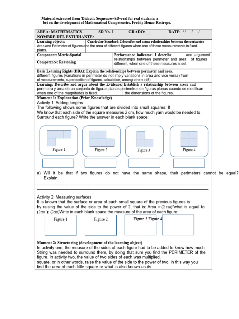 4th and 5th Didactic Sequence SD-1 Area and Perimeter Metric-Spatial ...