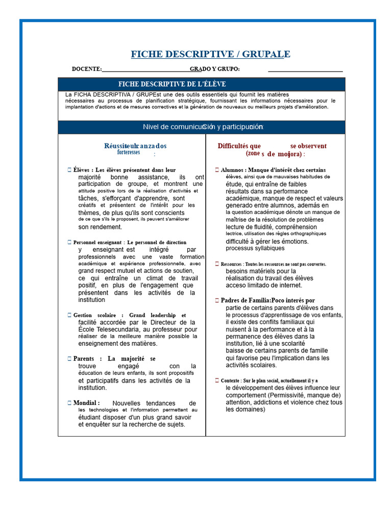 Fiche Descriptive de Groupe - Exemple | PDF | Enseignants | Attention