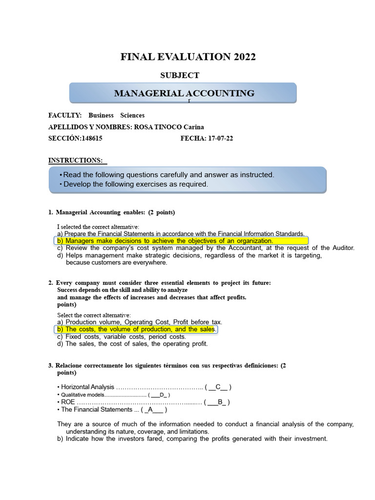 Managerial Accounting Final Evaluation 2022 | PDF | Forecasting | Income